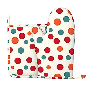 Polka Dot Printed Oven Mitts and Pot Holders Sets Heat Resistant Kitchen Oven Gloves Potholders Set Extra Long Non-Slip Silicone Gloves for Cooking Baking BBQ