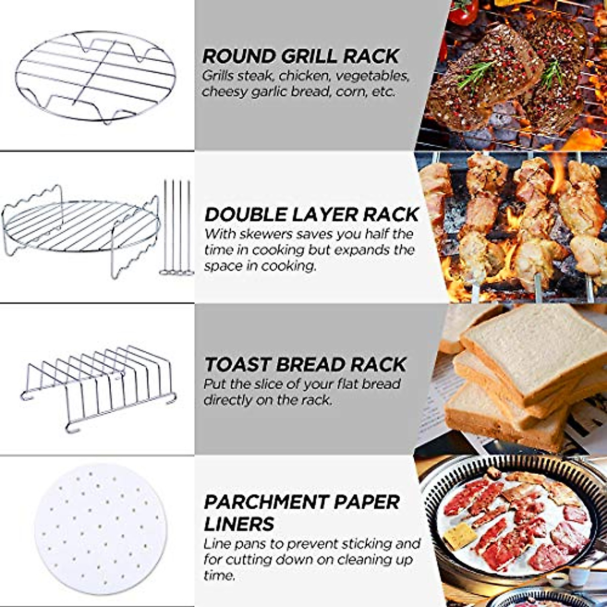 Air Fryer Accessories, Set of 12 Fit for 5.3Qt and Larger Air Fryer with Cake & Pizza Pan, Metal Holder, Skewer Rack & Skewers, etc, Nonstick Coating, Dishwasher Safe