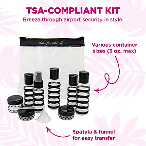 Miamica “Clear for Take Off” TSA Compliant Travel Bottles and Travel Toiletry Bag – Includes 12 Pieces – 7.55" L x 7.4" W x 1.8" D, Clear/Black – Cute Travel Gifts