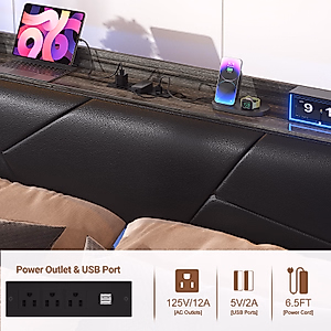 Unikito Full Size Bed Frame with Upholstered Headboard, Charging Station and RGB LED Lights, Stable Platform Bed, Heavy Duty Metal Slats, Noise Free, No Box Spring Needed, Easy to Assemble, Black Oak