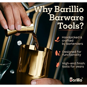 Gold Cocktail Shaker Set Bartender Kit by BARILLIO: 24 oz Stainless Steel Martini Mixer, Muddler, Mixing Spoon, Jigger, 2 Liquor pourers, Velvet Bag, Recipes Booklet & eBook…