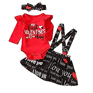 My First Valentine's Day Baby Girl Outfits Ruffle Long sleeve Romper Tops+Suspender Skirt+Headband Clothes Sets (Red, 0-3 months)