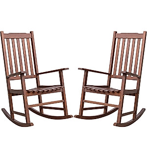Greesum Outdoor Rocking Chairs Set of 2, Acacia High Back Oversized All-Weather Lounge Rocker with 320 lbs of Support for Patio, Garden, Deck, Porch, Brown