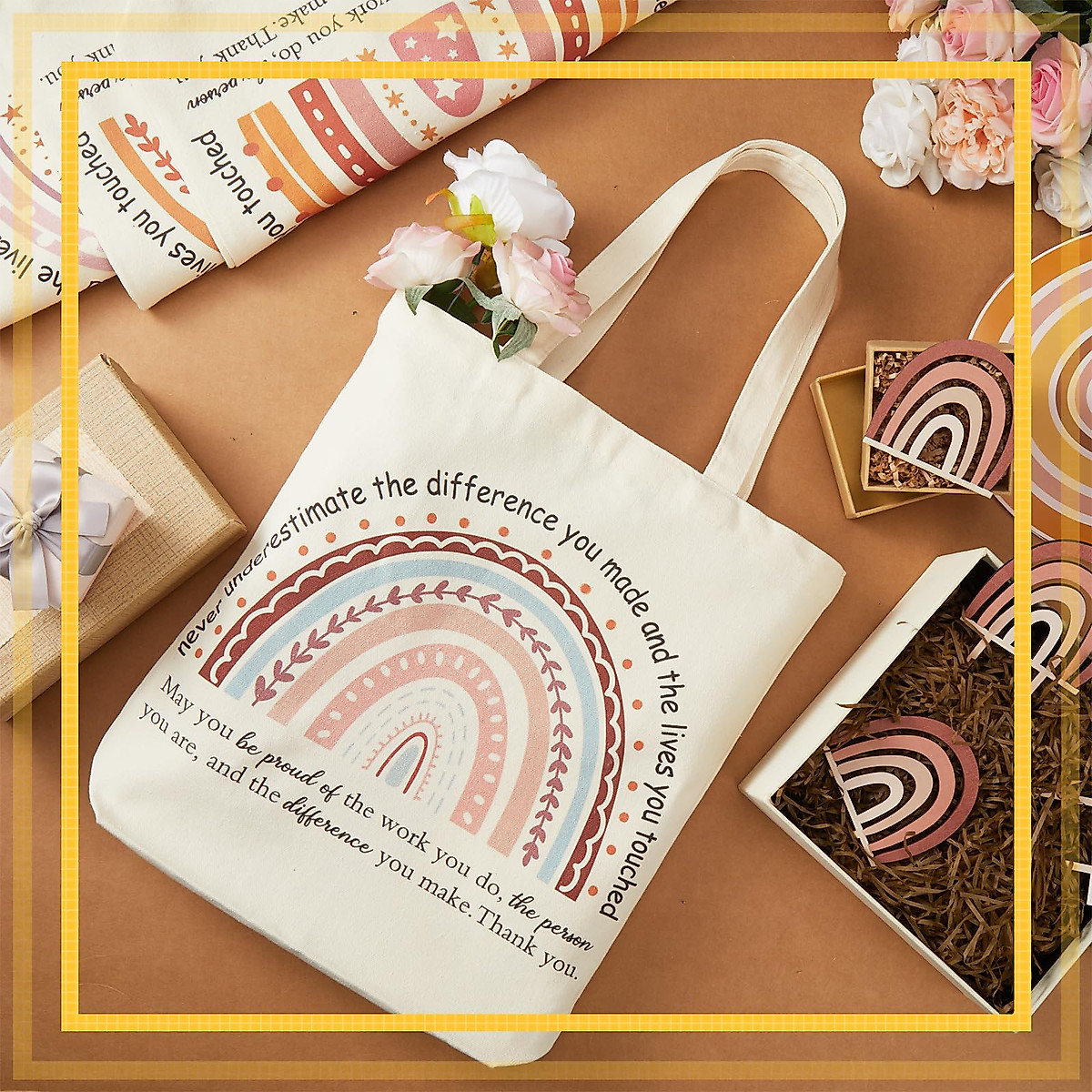 Pinkunn Thank You Gifts Canvas Tote Bag for Coworker Inspirational Appreciation Motivational Quotes for Women Employee Teacher (Rainbow Style,12 Pcs)