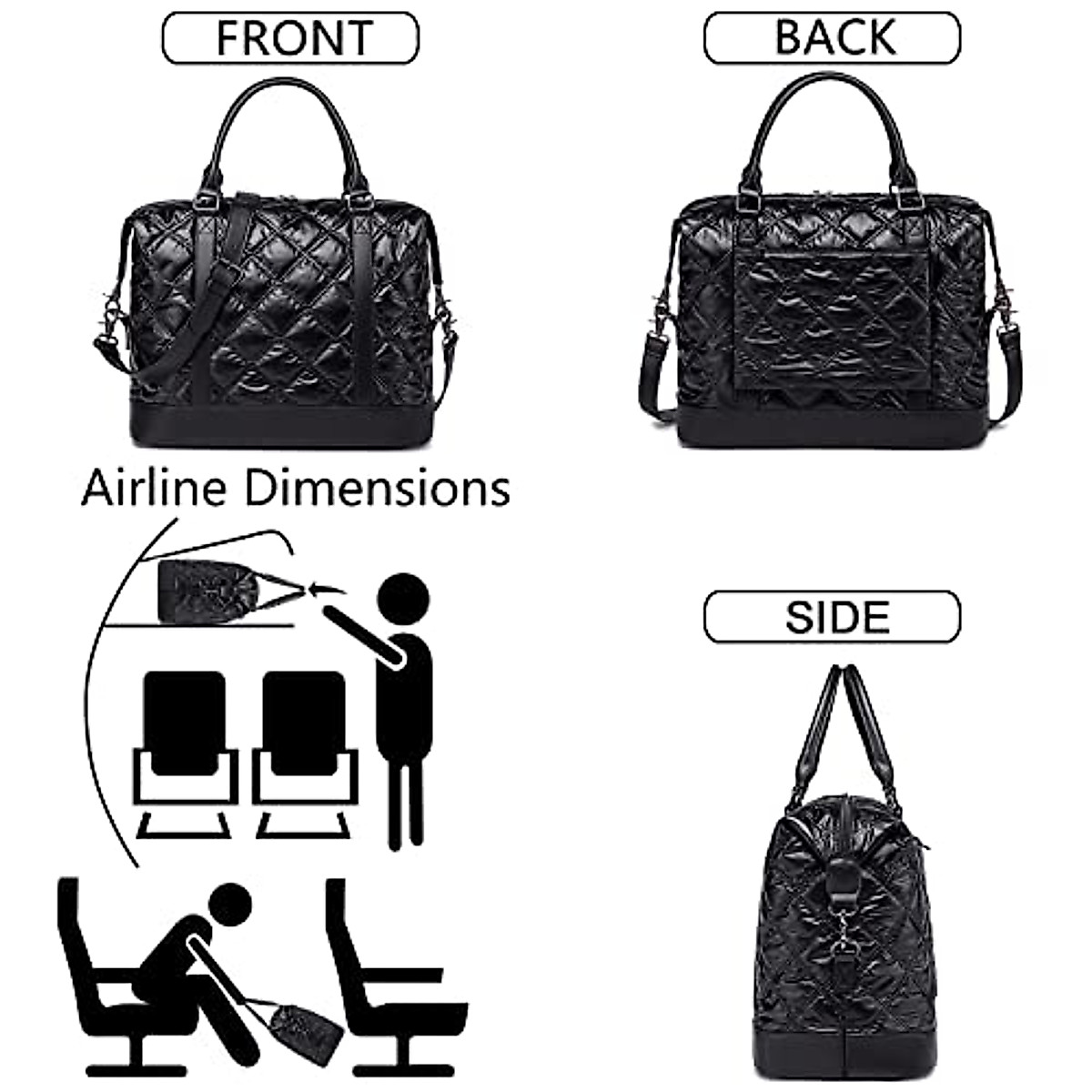 LEDAOU Weekender Travel Overnight Bag Women Ladies Quilted Carry On Tote Duffle Bag with Luggage Sleeve (Quilted Black)