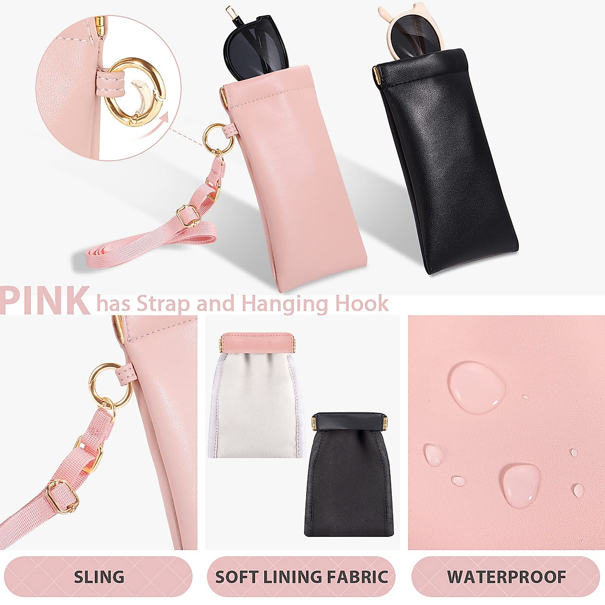 CHICECO Squeeze Top Sunglass Case-Portable Eyeglass Pouch with Adjustable Lanyard Soft Leather Glasses Case 2 Pack