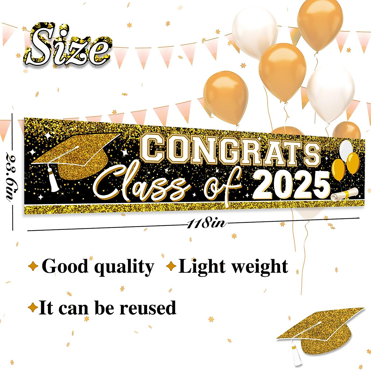 Large Congrats Grad Banner Gold Class of 2023 Banner Backdrop Graduation 2023 Yard Sign for Graduation Party Supplies Graduation Decorations 2023 (Gold)