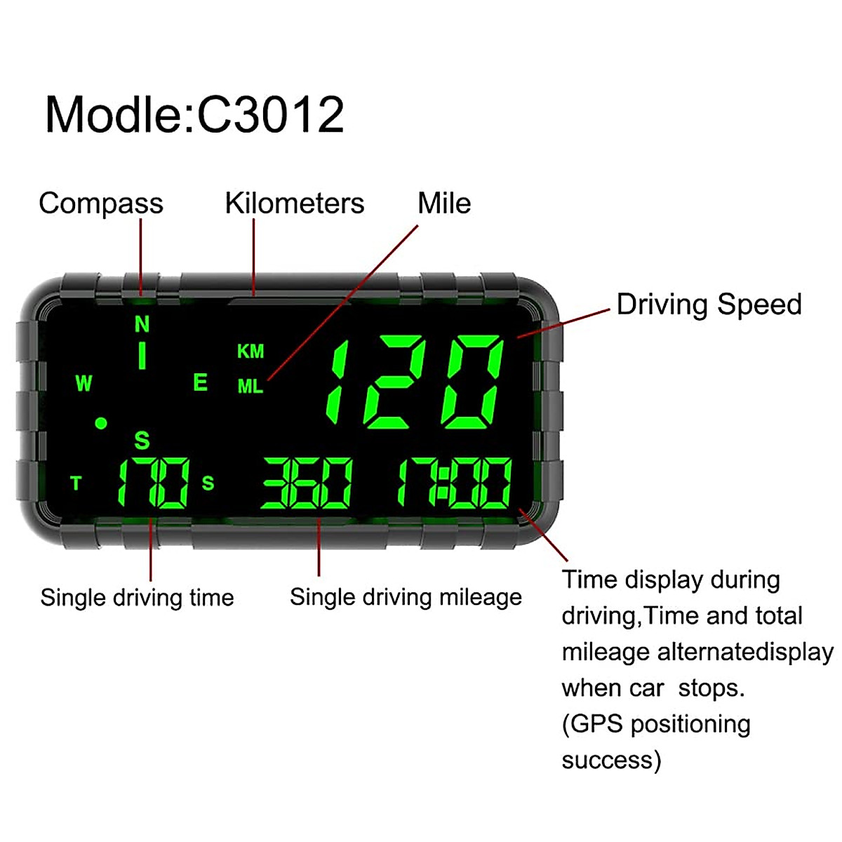 Kingneed C3012 HUD Speedometer Odometer Compass Head Up Display GPS Digital Display Big Fonts Univsersal for All Cars Truck Bus Vehicles New