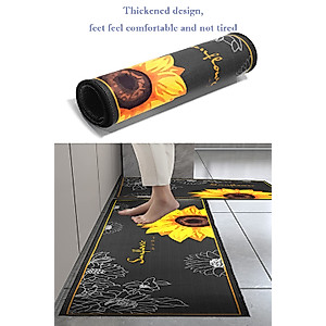 Sunflower Kitchen Mat, 2 Pieces Soft Sunflower Kitchen Rugs Washable Kitchen Floor Mats Kitchen Decor Rugs for in Front of Sink, Hallway, Laundry Room(47.4"x15.7"+23.6"x15.7") - 0.2" Thick Polyester