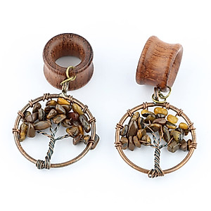 0G 8mm Tigereye Stone Tree of Life Wood Dangle Ear Gauges Piercing Flesh Tunnels Plugs Stretching Kit Expander