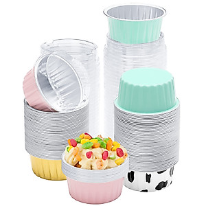 AOSYCO Dessert Cups, 100pcs 4 Colors Mixed Cupcake Containers, 5oz 125ml Disposable Aluminum Foil Pans Ramekins, Baking Cups, Muffin Liners with Lids