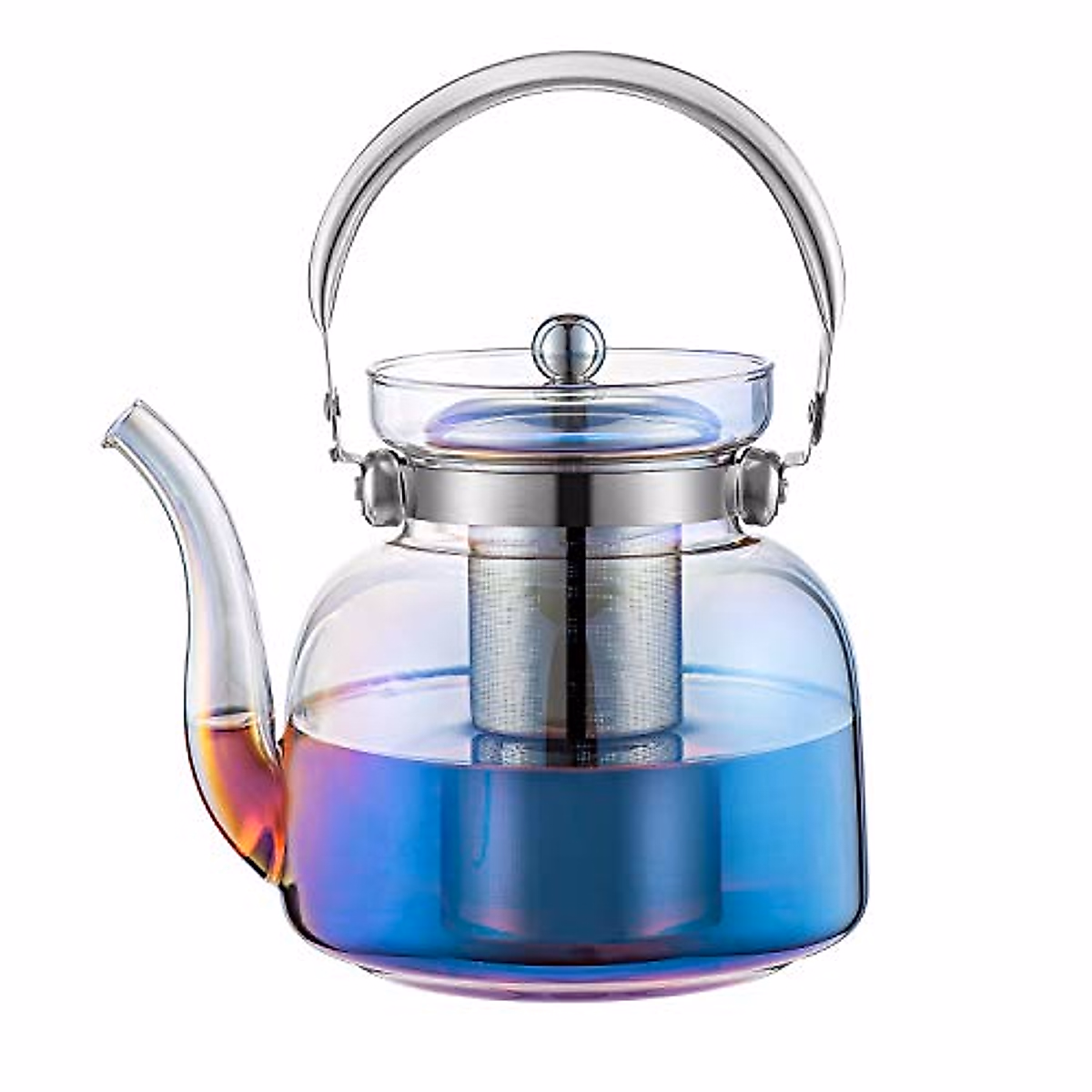 E-liu 50 oz(1500ml) Glass Teapot Kettle with Lid, Removable Stainless Steel Infuser and Handle, Stovetop Safe Tea Maker for Blooming and Loose Leaf Tea（Iridescent）