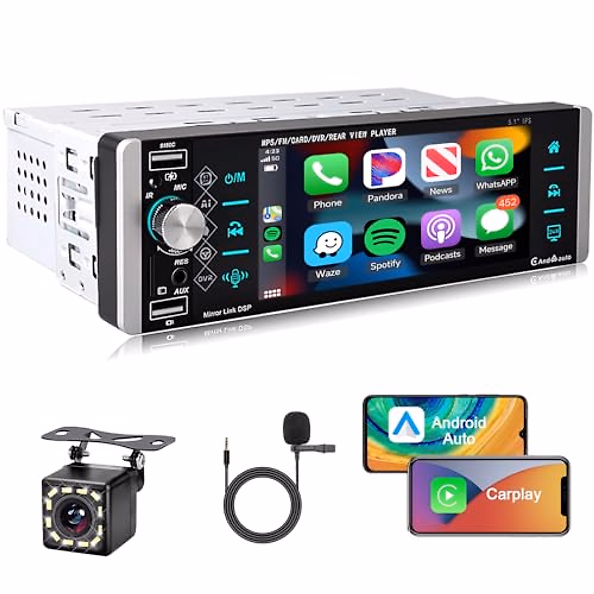 Single Din Car Stereo Support Apple Carplay Android Auto, Podofo 5.1'' IPS Touchscreen Car Radio Video Music Player Bluetooth Audio AUX/USB/FM Voice Assistant Steering Wheel Control Backup Camera