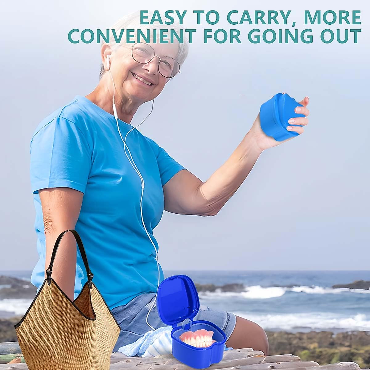 OBTANIM 2 Pack Denture Bath Cup Case Box Holder Storage Soak Container with Strainer Basket for RetainersTravel False Teeth Cleaning (Blue, Green)