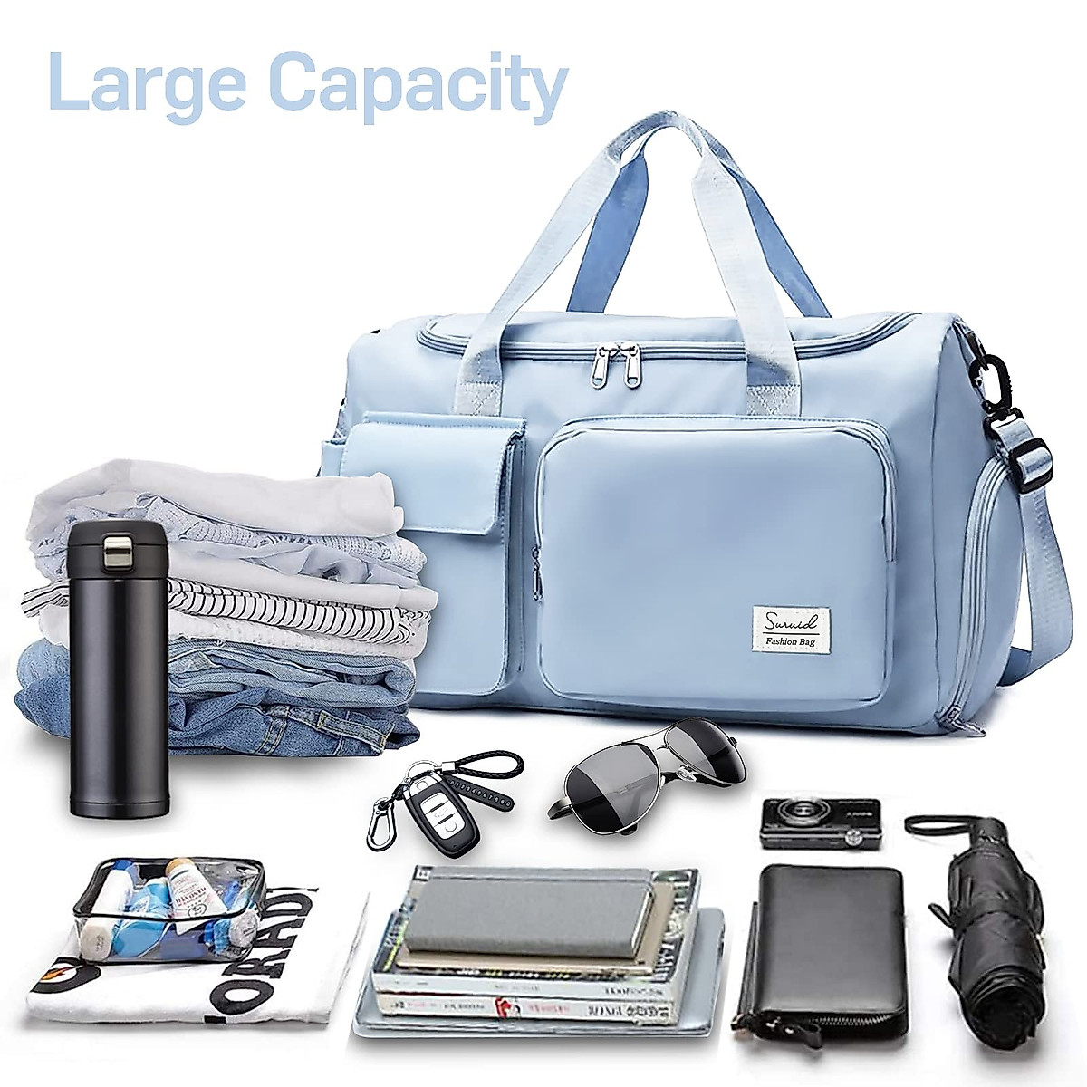 Suruid Sports Gym Bag with Shoes Compartment Travel Duffel Bag with Dry Wet Separated Pocket for Men and Women, Overnight Bag Weekender Bag Training Handbag Yoga Bag - Blue