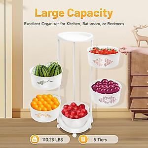 5 Tier Multi-Layer Kitchen Storage Rack, Rotating Storage Shelves Organizer,Floor Standing Storage Rack Basket Shelf Kitchen Storage Cart with Wheels Storage Basket for Living Room Kitchen (White)