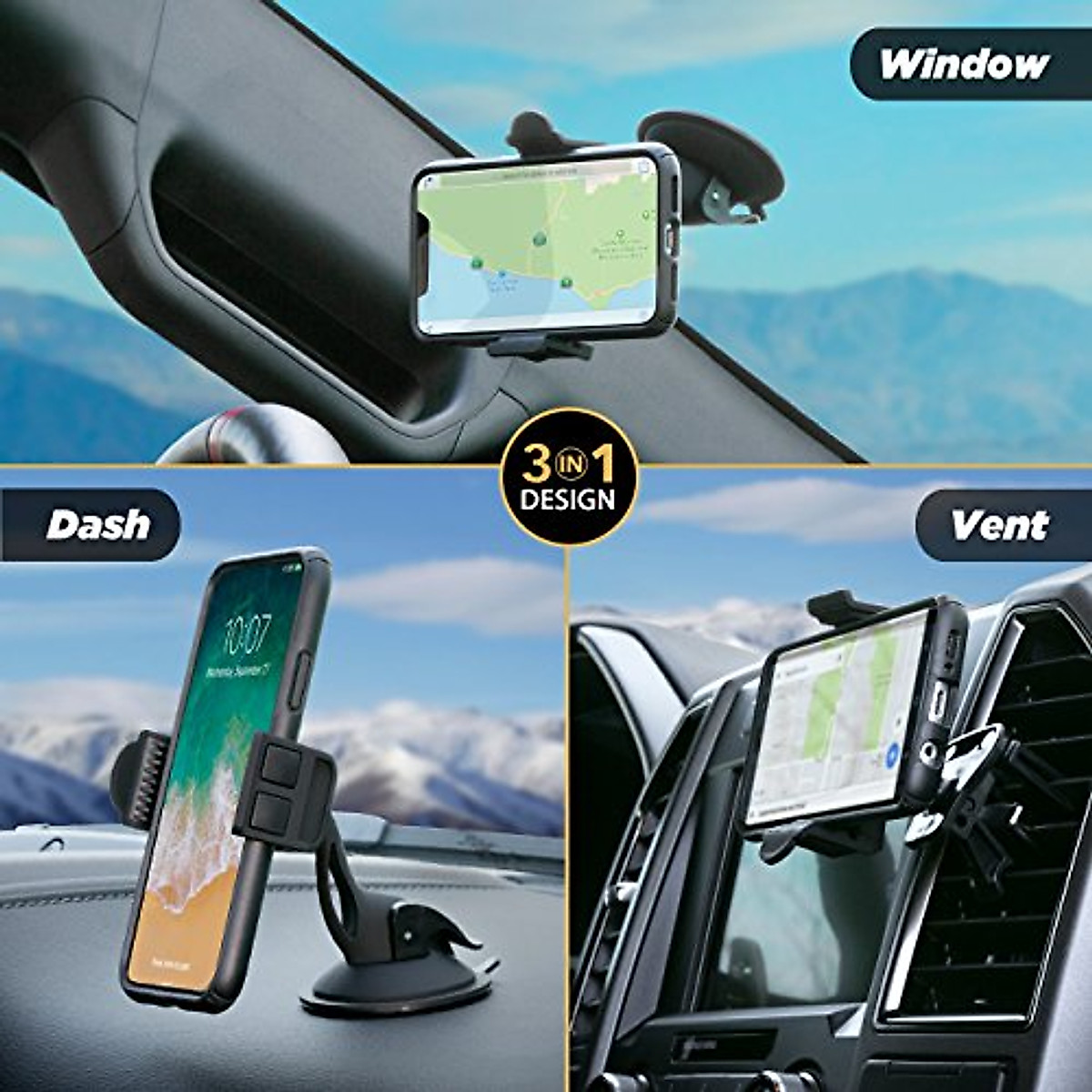Scosche HDVM-1 3-in-1 Universal Vent and Suction Cup Mount for Mobile Devices | StickGrip Base and Vent Clips Included
