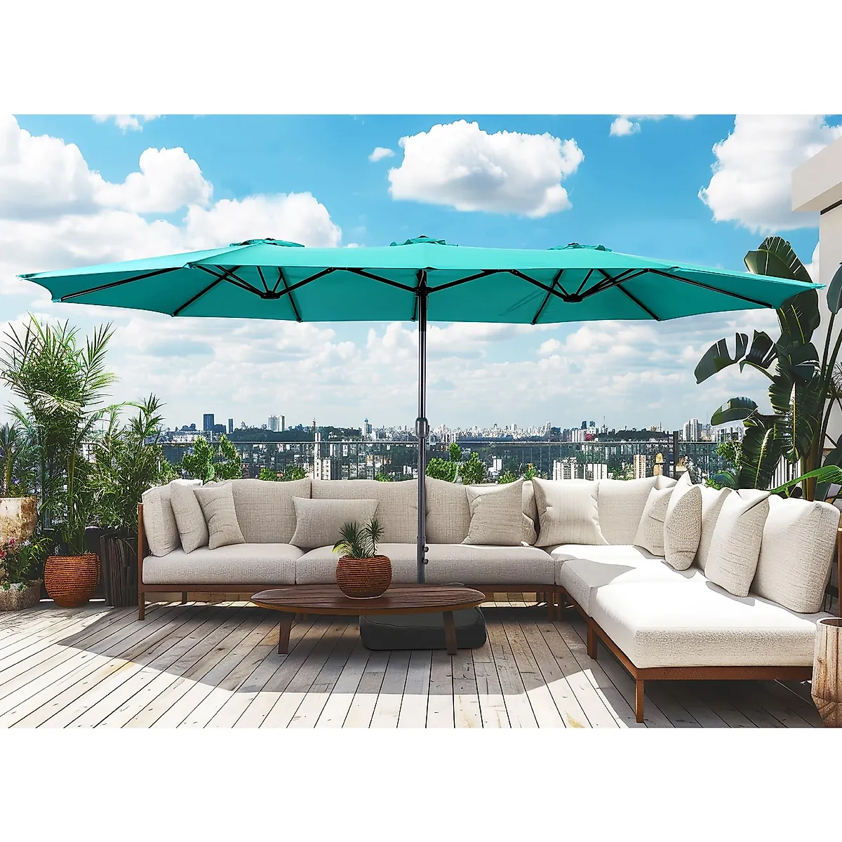 Bigroof 15ft x 9ft Patio Double-Sided Umbrella with Base & Crank, Extra Large Rectangular Outdoor Umbrella for Patio, Lawn & Garden, Beige (Turquoise)