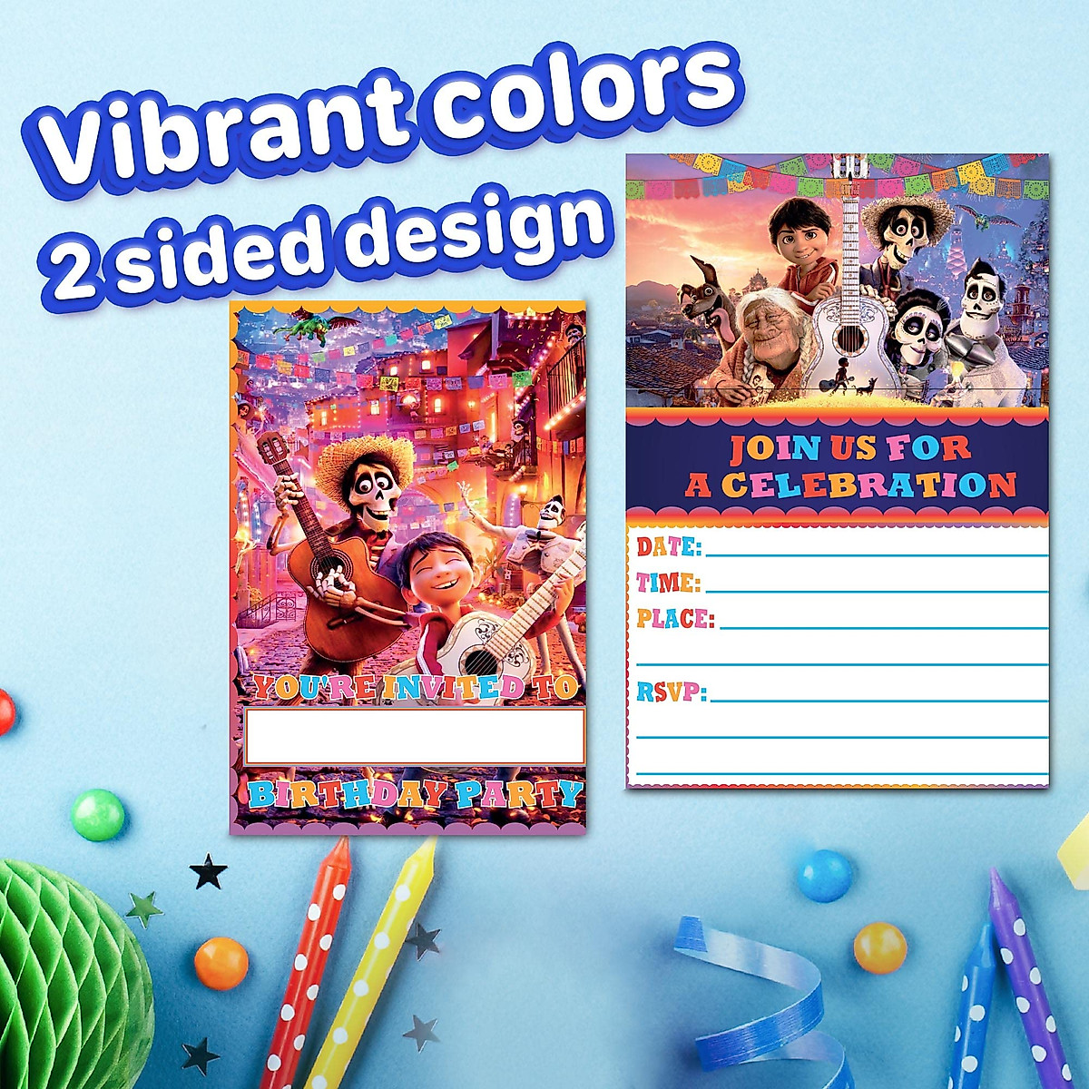 Set of 20 Coco -Themed Happy Birthday Invitation Cards & Envelopes - Lightweight (240g), Postcard Style Invites for the Perfect Party Pack