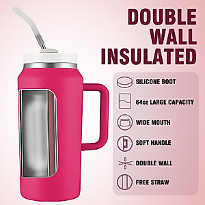 PlanetFlame 64oz Insulated Tumbler with Handle, Stainless Steel Double Wall Vacuumn Water Bottle, Lid and Straw for School, Gym, Hiking & Camping, Hot Pink