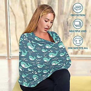 Nautical Whale Animal Sea Ocean Nursing Cover Breastfeeding Scarf, Stretchy Infant Carseat Canopy Multi-use Stroller Cover Car Seat Cover for Baby Girl Boy