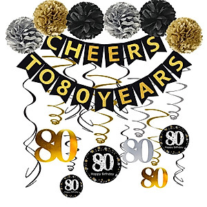 Famoby 80th Birthday Party Decorations Kit - Gold Glittery Cheers to 80 Years Banner,Poms,12Pcs Sparkling 80 Hanging Swirl for 80th Anniversary Decorations 80 Years Old Party Supplies