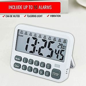 Multi-Functional Digital Alarm Clock with 10 Alarm Settings, Countdown & Count up Kitchen Timer with Magnetic, Temperature Display, Reminder, 2 AAA Batteries Operated (Not Included)