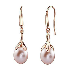 THE PEARL SOURCE 10-11mm Drop-Shaped Genuine Pink Freshwater Cultured Pearl Rose Gold Olive Earrings for Women
