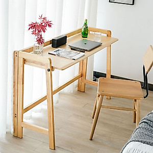 Cttasty Computer Desk, Foldable Desk, Home Office Desks, Solid Wood Writing Desk, Mid Century Modern Desks, Oak Study Table, Folding Desks for Small Spaces, 39.4 W x 27.6 H x 13.6 D Inches, Natural