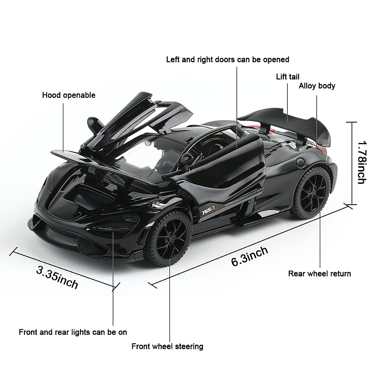Diecast Toy Car McLaren 765LT Sports Car Model,Zinc Alloy Simulation Casting Pull Back Vehicles,1:32 Scale Mini Supercar Toys with Lights and Music for Toddlers Kids Children Gift (765LT-Black)