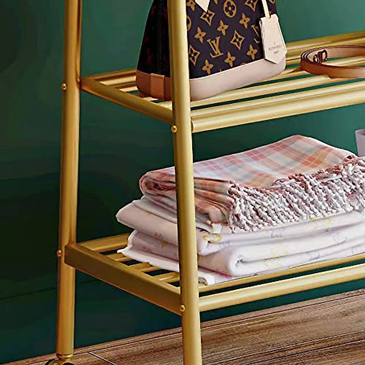 HEONITURE Gold Clothing Rack with Shelves, Rolling Garment Rack for Hanging Clothes, Heavy Duty Choset Clothes Rack for Indoor Bedroom Sturdy Steel Frame（31.5"）