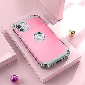 IDweel iPhone 11 Case with Screen Protector(Tempered Glass), Hybrid 3 in 1 Shockproof Slim Fit Heavy Duty Protection Hard PC Cover Soft Silicone Bumper Full Body Case,Pink/Light Grey