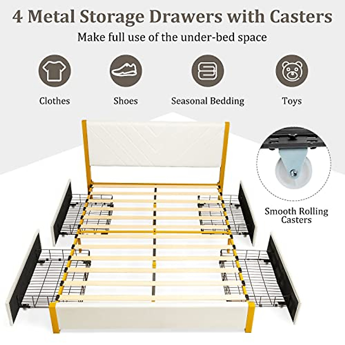 Giantex Full Size Upholstered Bed Frame, Wooden Slatted Bed with Adjustable Headboard & 4 Storage Drawers, Deluxe Platform Bed Frame with 1300 LBS Weight Capacity, No Box Spring Needed, Gold&Beige