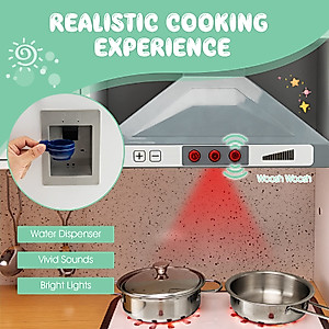 Costzon 2-Piece Kids Kitchen Playset, Wooden Pretend Play Kitchen & Washing Machine Toy Set w/Realistic Light & Sound, Coffee Maker, Water Dispenser, Stove, Utensils, Sink