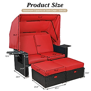 TITIMO Patio Daybed with Retractable Canopy Outdoor Sectional Furniture Sets All Weather Wicker Patio Rattan Sunbed Seating Sofas with Cushion for Backyard, Balcony, and Poolside (Red)
