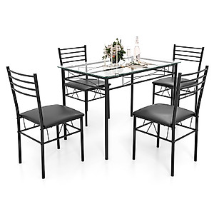 NAFORT 5-Piece Dining Table Set for 4, Modern 3/8’’ Tempered Glass Kitchen Room Table with 4 Upholstered Dining Chairs, Space-Saving Dinette Tables with Metal Frame for Apartment, Office