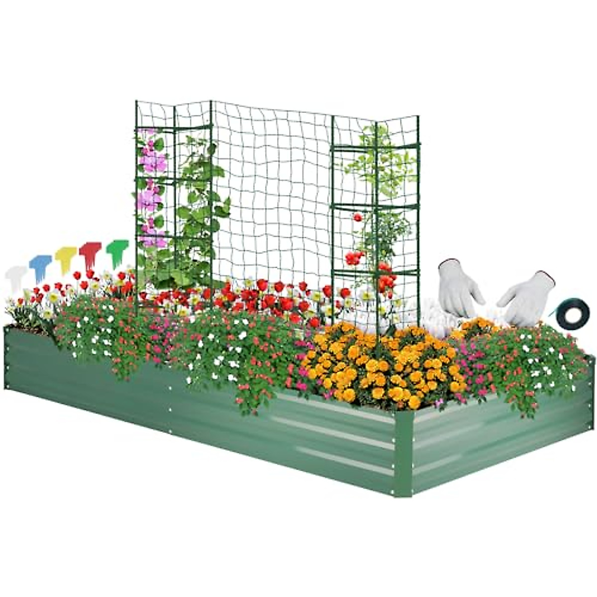 ONCEMORE Galvanized Raised Garden Bed for Vegetables Flowers Herbs, Metal Raised Garden Bed Kit with 2 PCS Tomato Cage, Gloves, Trellis Netting, Plant Labels, Plant Ties, Green 8×4×1FT
