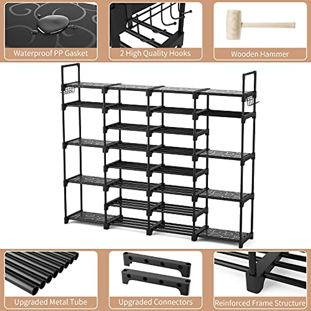 ROJASOP Large Shoe Rack Storage Organizer for Closet Entryway, 62-66 Pairs Sturdy Tall Shoe Rack for Closet with Side Hooks Garage Shoe Rack Stackable Boot Shoe Rack for Bedroom