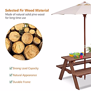 KOTEK Kids Picnic Table with Umbrella Foldable, Wooden Kids Table & Benches for Crafting, Eating & Playing, Outdoor Toddler Activity Table for Backyard, Patio, Garden, Gift for Ages 3-8