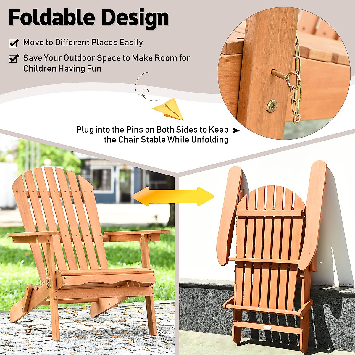 Tangkula Folding Adirondack Chair, Weather Resistant Outdoor Chair, Eucalyptus Wood Adirondack Lounger Chair for Patio Porch Deck Poolside and Backyard (4)