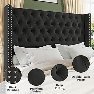 Jocisland King Upholstered Bed Frame with Tall Headboard Wingback Platform Bed Tufted Deep Button Velvet/No Box Spring Needed/Easy Assembly/Black