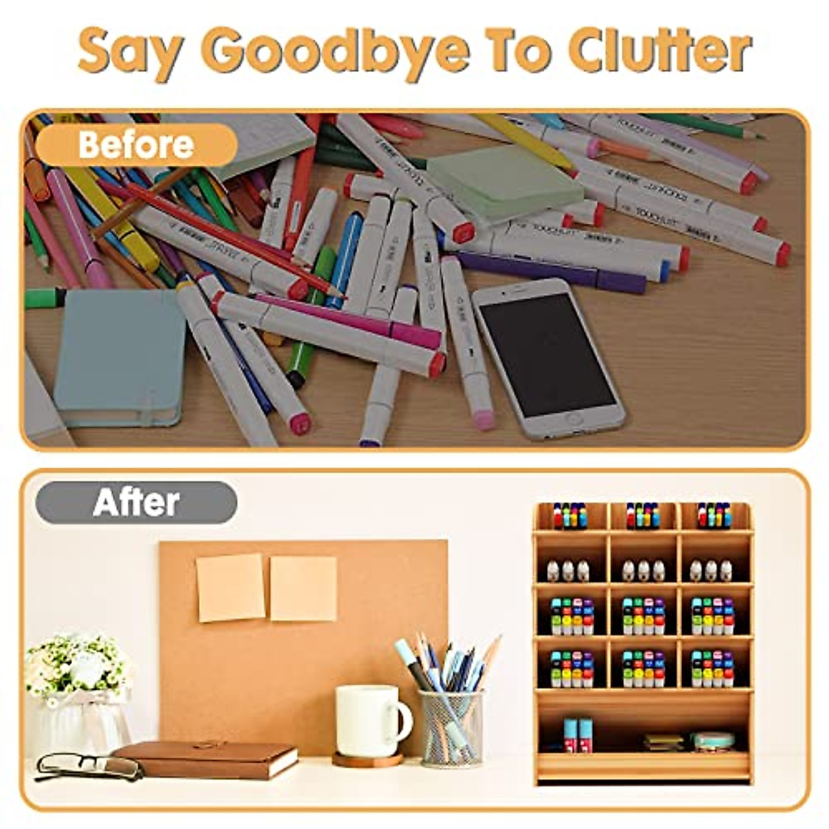 ShellKingdom Wooden Desk Organizer, Desktop Stationery Holder for Pen Pencil Markers, Makeup Brushes, Lipsticks Storage, with 13 Compartments for Home Office School