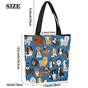 Cute Dog Pattern Canvas Tote Bag, Eco Friendly Reusable Grocery Shopping Bags Beach Bag Book Tote Handbags Washable Shoulder Bag With Zipper Inner Pocket for Women Girls