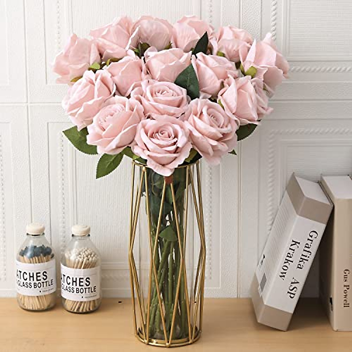 Cloudecor 15Pcs Artificial Roses Velet Real Touch Single Stem Fake Roses Silk Realistic Bouquet Flowers Arrangements Home Office Garden Grave Party Wedding Decoration(Light Pink-15p, Blossom Roses)