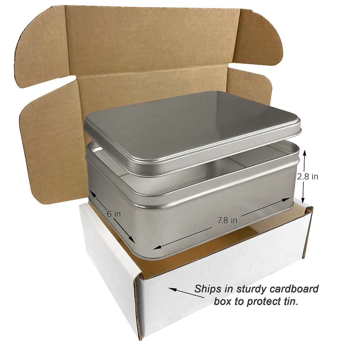 Silver Metal Tin Box with Secure Lid – Large Multipurpose Tin Can Storage Container for Jewelry, Crafts, Cookies, Pills, Gifts, Pencils and More - For Home and Office - 7.8 x 6 x2.8 inches