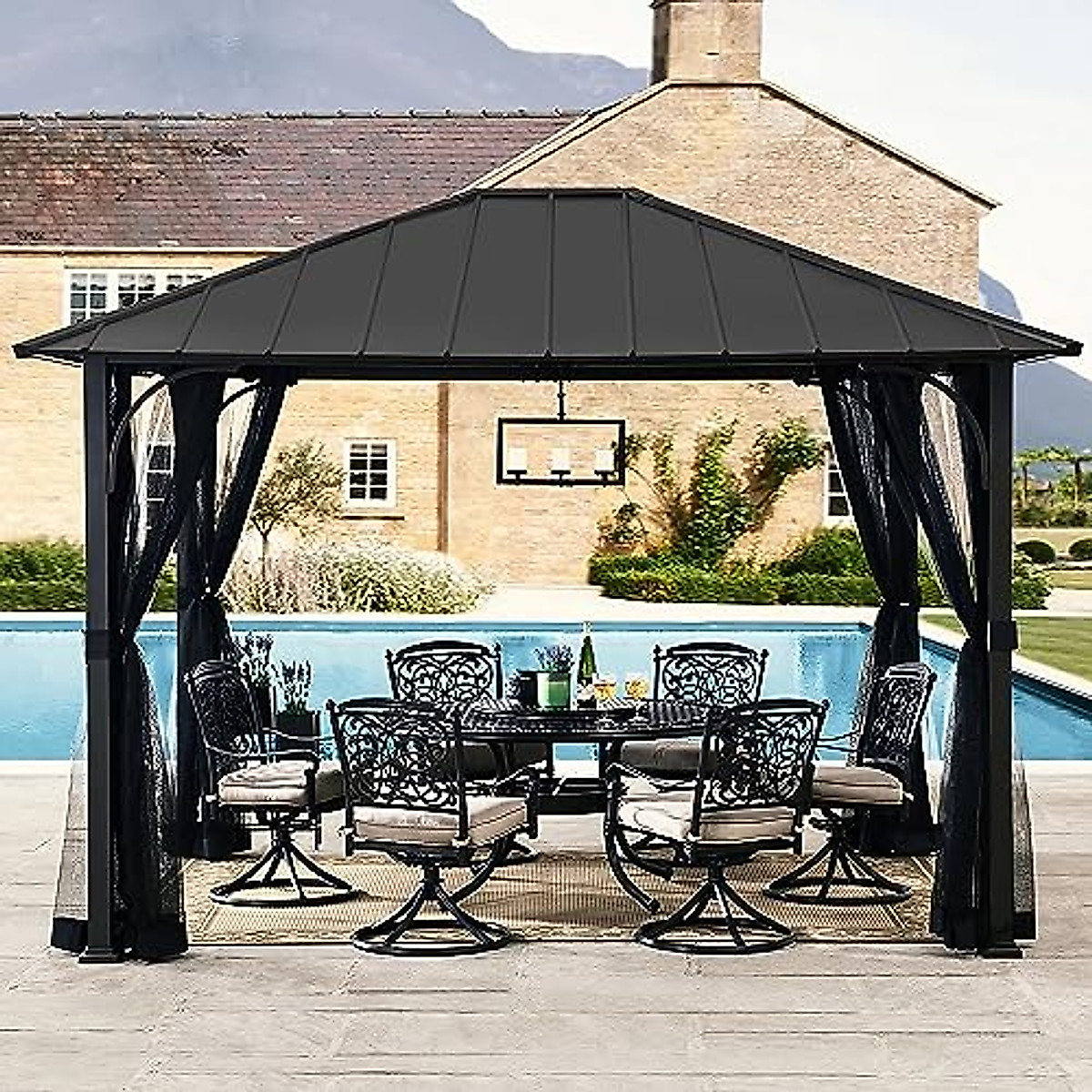 Sunjoy Hildreth 11 x 13 Foot Screened Gazebo Canopy Outdoor Pergola Tent with Steel Roof and Aluminum Posts for Backyard Patio Shade, Black