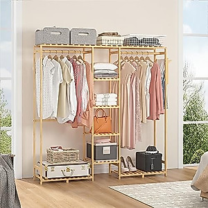 UDEAR Garment Rack Bamboo Clothes Rack for Hanging Clothes,Clothing Racks Storage Organizer with 2 Rods,5 Shelves and 2 Hooks,Multi-Functional Wardrobe Closet