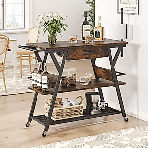 Bestier Coffee Bar Station, Kitchen Island Cart with Storage, Coffee Cart with Drawer, Paper Towel Holder and Lockable Wheels, Bar Table for Dinning Room Living Room, Rustic