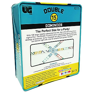 Front Porch Classics, Double 15 Color Dot Dominoes Set On-The-Go Travel Storage Tin, 2 to 12 Players Ages 8 to 99