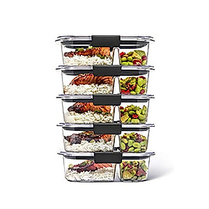 Rubbermaid 5-Piece Brilliance Food Storage Containers for Meal Prep with 2 Compartments and Lids, Dishwasher Safe, 2.85-Cup(675ml), Clear/Grey, 5 count (Pack of 1)